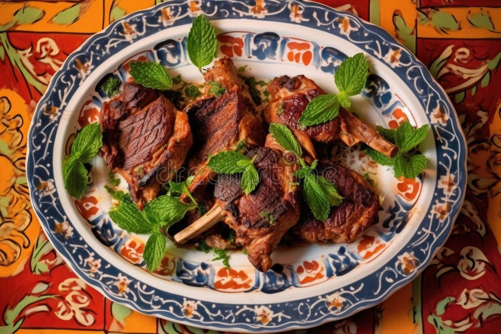 Aerial View of Multiple Grilled Lamb Chops on a Patterned Plate Stock ...