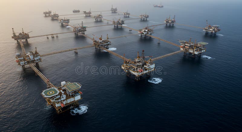 Aerial View of Multiple Interconnected Offshore Oil Rigs in the Ocean ...