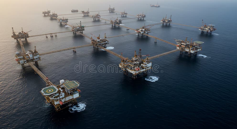 Aerial View of Multiple Interconnected Offshore Oil Rigs in the Ocean ...