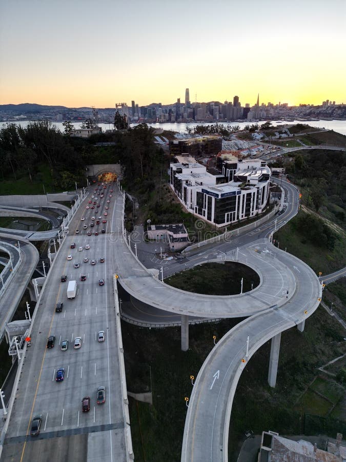 Aerial View of a Multiple Lane Highway Road with Traffic at Sunset ...
