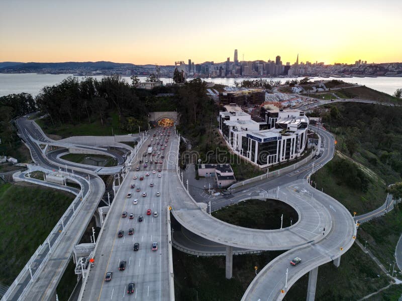 Aerial View of a Multiple Lane Highway Road with Traffic at Sunset ...