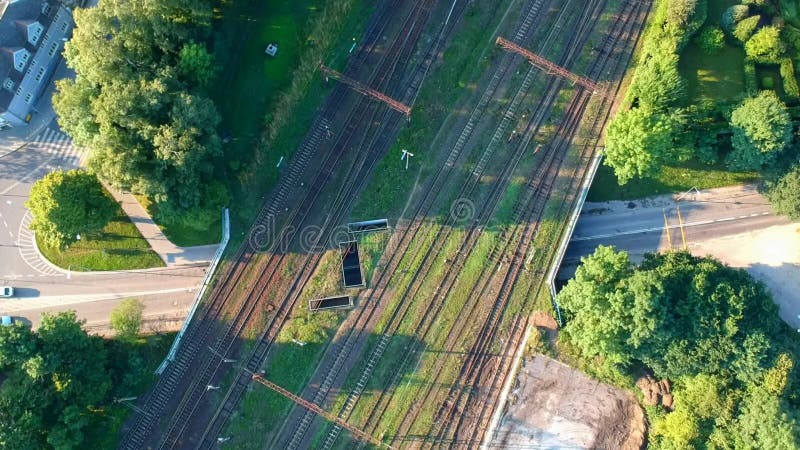 Aerial View on Multiple Rail Track Crossing with Road Stock Video ...