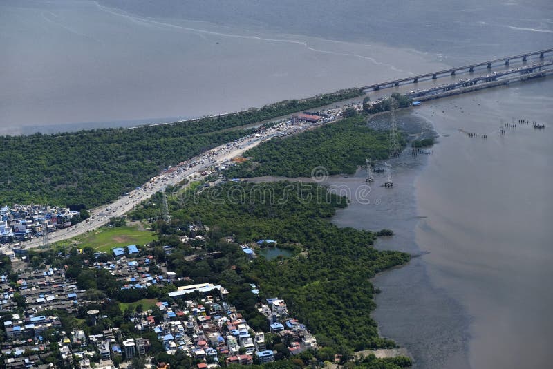 Mumbai Skyline, Aerial View Over a Building with Roads, Bridges ... Mumbai Skyline, Aerial View Over a Building with Roads, Bridges ...