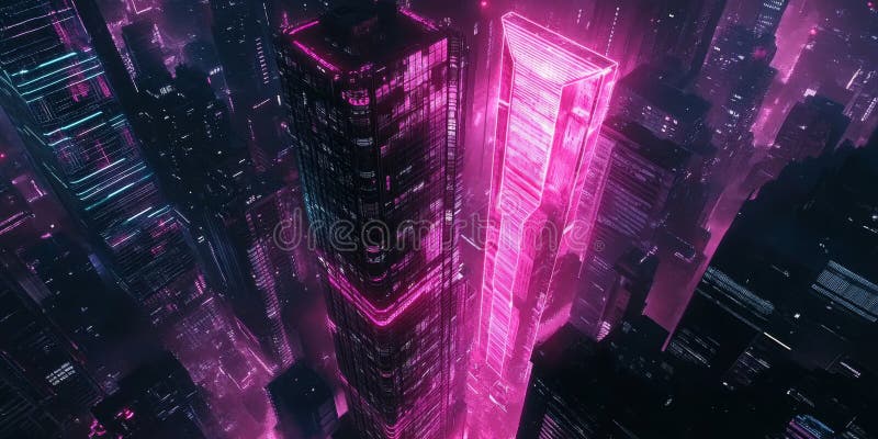 Aerial View of a Neon-lit Skyscraper in a Synthwave-themed City. Stock ...