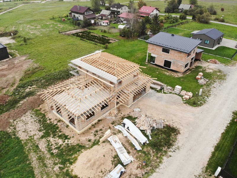 Aerial View of New House Under Construction at Construction Site Stock ...