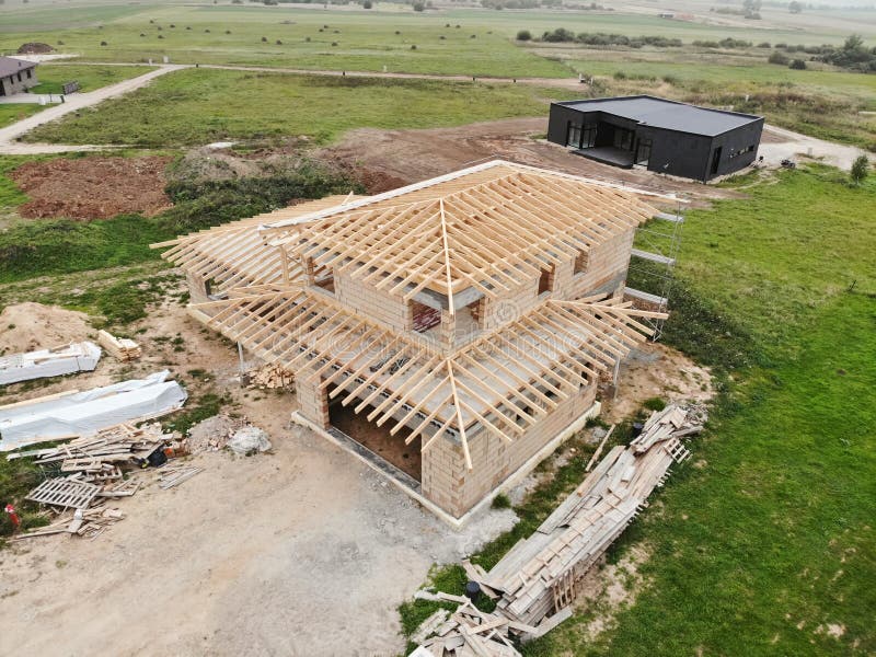 Aerial View of New House Under Construction at Construction Site Stock ...