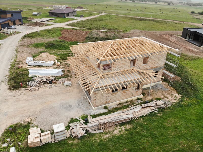 Aerial View of New House Under Construction at Construction Site Stock ...
