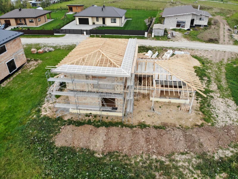 Aerial View of New House Under Construction at Construction Site Stock ...