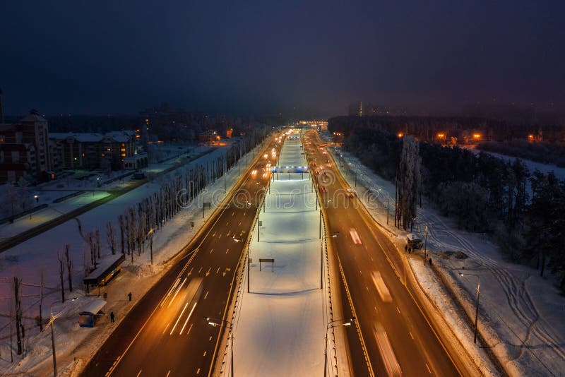 Aerial View of Night Highway in Winter Stock Photo - Image of road ...