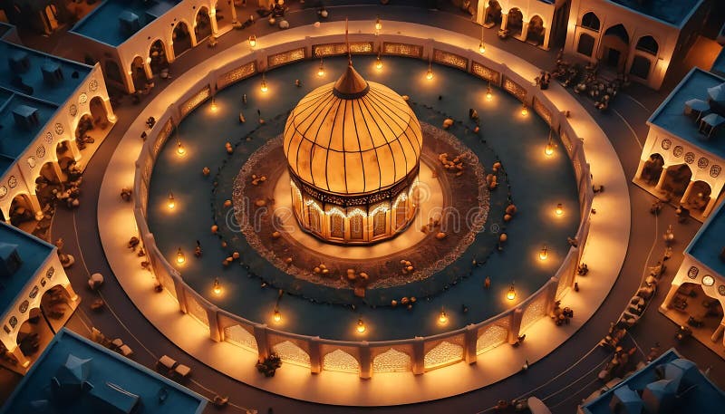 Illuminated Dome Central Courtyard Mosque Night Architecture Aerial ...
