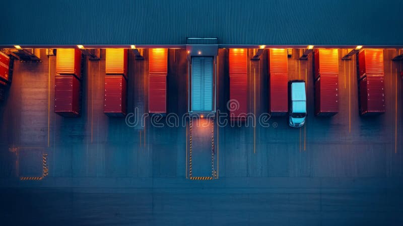 Aerial View of Nighttime Warehouse Loading Dock with Red and White ...