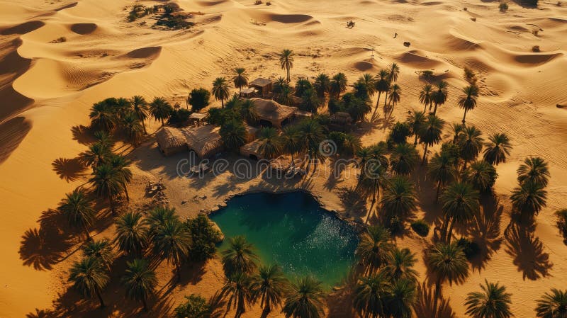 Aerial View of Oasis Surrounded by Palm Trees in Expansive Desert ...