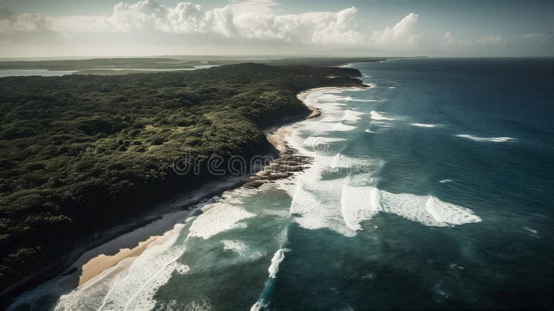 Aerial View of Ocean Coast with Waves Roll Onto Cliffs. AI Generated ...