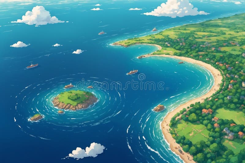 Aerial View of the of the Ocean on a Sunny Day in Summer. in Anime ...