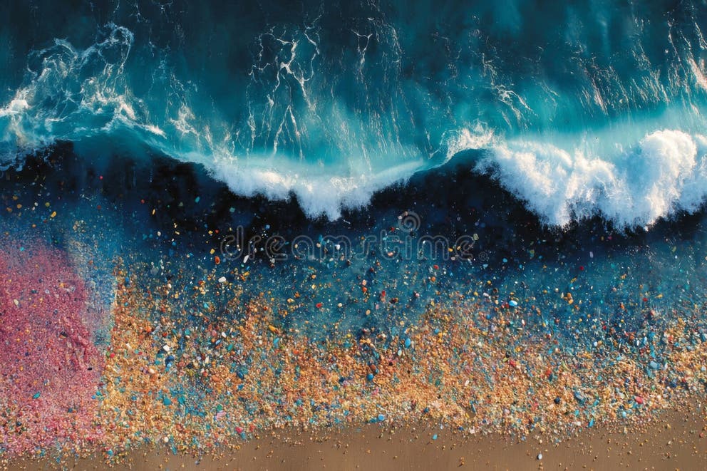 Aerial View of Ocean Wave with Plastic Pollution on Beach Stock ...