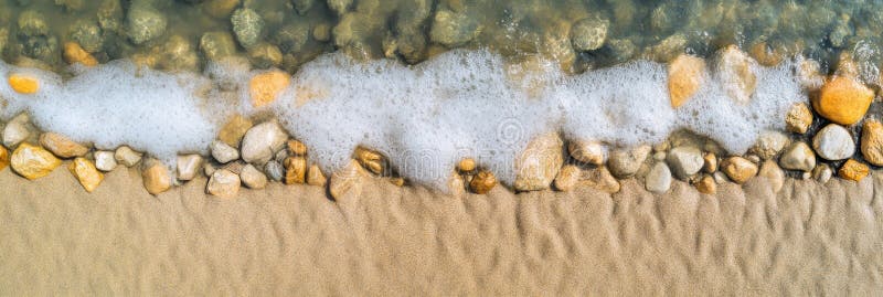 Aerial View of Ocean Waves Gently Washing Over Pebbles on Sandy Beach ...