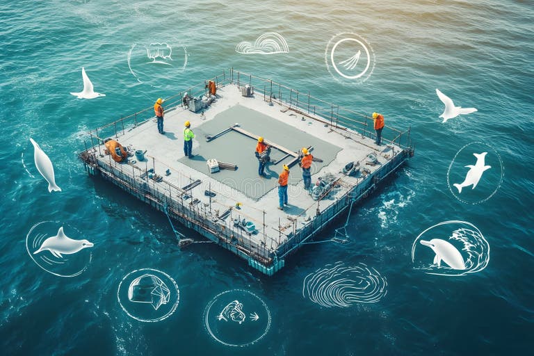 Aerial View of Offshore Floating Platform with Concrete Workers ...