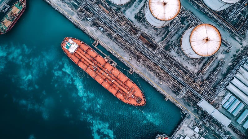 An Aerial View of an Oil Tanker Docked at a Refinery. Stock ...