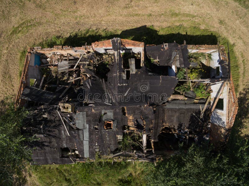 Aerial View of an Old Abandoned and Destroyed Farmhouse Stock Image ...