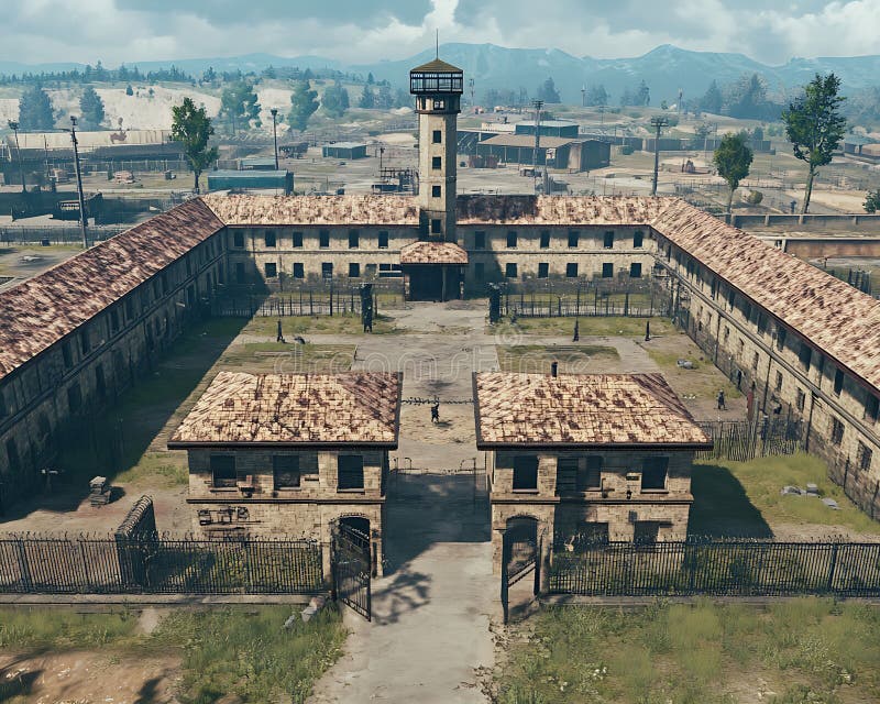 Aerial View of an Old, Abandoned Prison Complex with Watchtower Stock ...