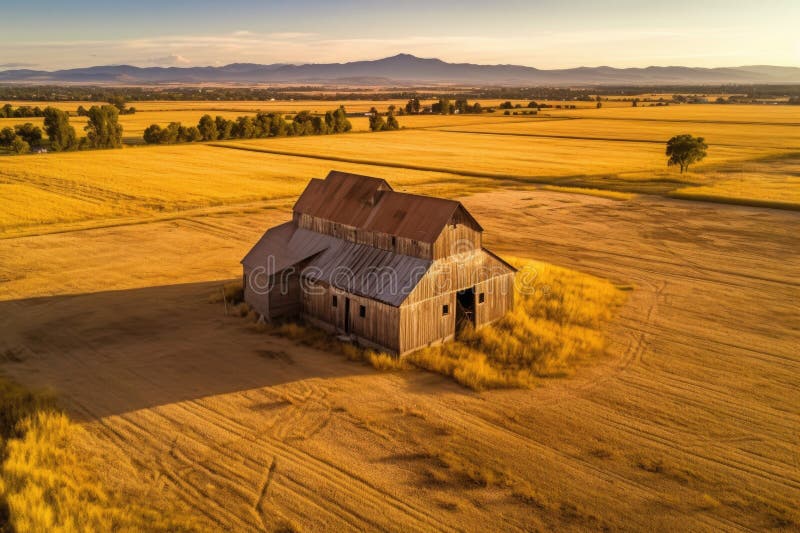 Aerial View of Old Barn Surrounded by Golden Fields Stock Illustration ...