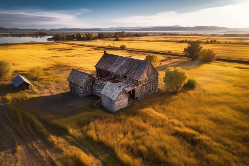 Aerial View of Old Barn Surrounded by Golden Fields Stock Illustration ...