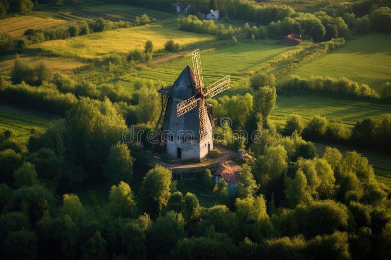 Aerial View of Old Windmill in Lush Countryside Stock Image - Image of ...