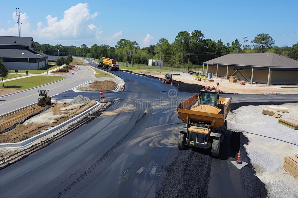 Aerial View of Ongoing Asphalt Paving Project Featuring Geometric Road ...