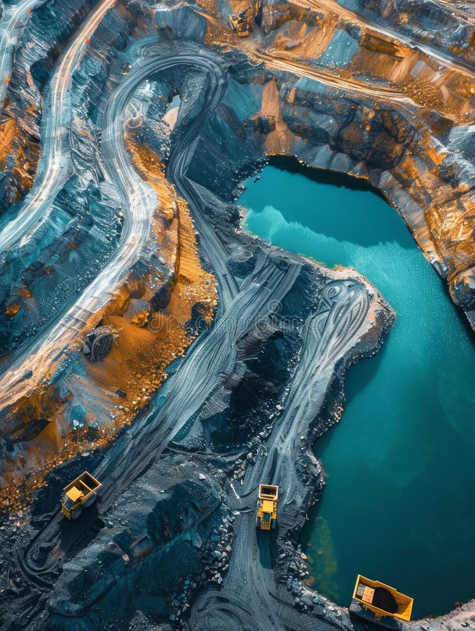 Aerial View of Open Pit Mining Site with Excavators and Turquoise Water ...