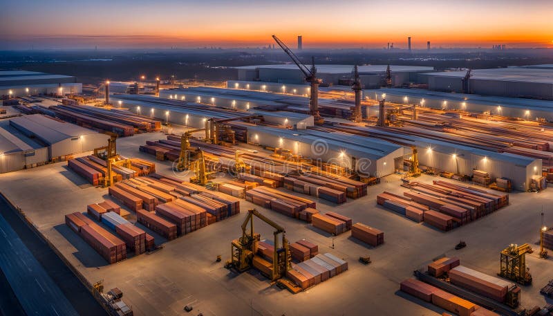 An Aerial View of an Open Shipping Container at Sunrise, Nestled among ...