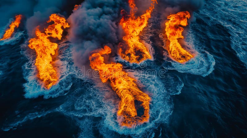 Aerial View of Orange Flames Burning on Blue Water Surface Creating ...
