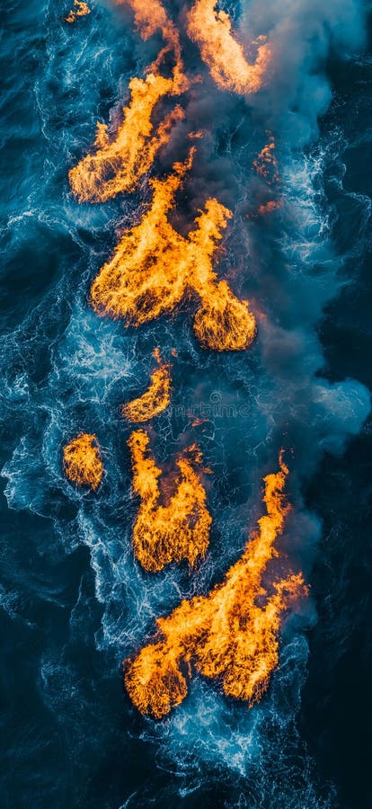 Aerial View of Orange Flames Burning on Blue Water Surface Creating ...