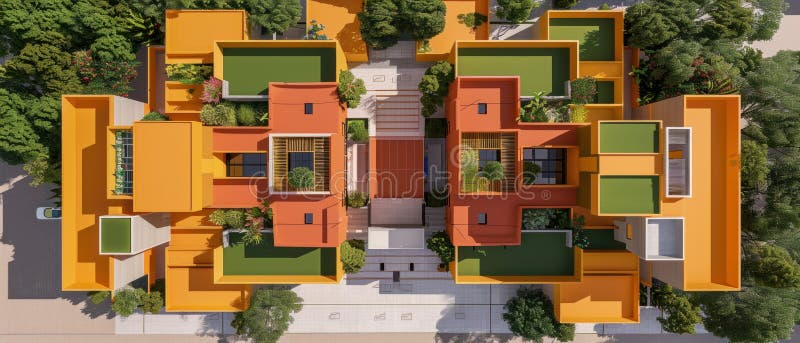 Aerial View of an Orange and Green Modern Building Complex Stock Photo ...