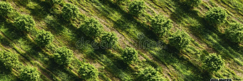 Aerial View of Orchard with Rows of Trees in Bright Sunlight Creating ...