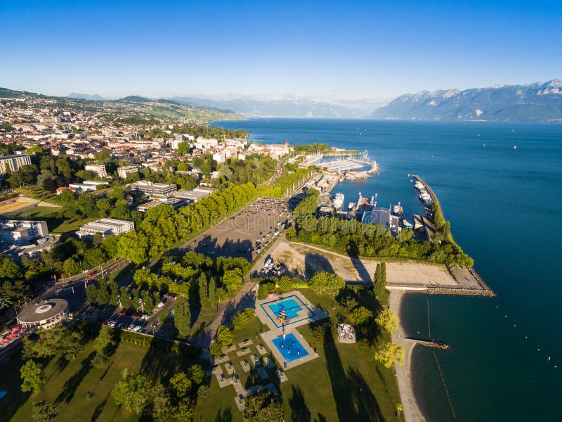 Aerial View of Ouchy Waterfront in Lausanne, Switzerland Stock Photo ...
