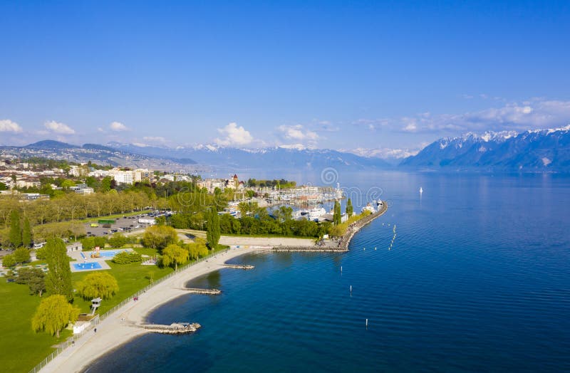 Aerial View of Ouchy Waterfront in Lausanne, Switzerland Stock Photo ...