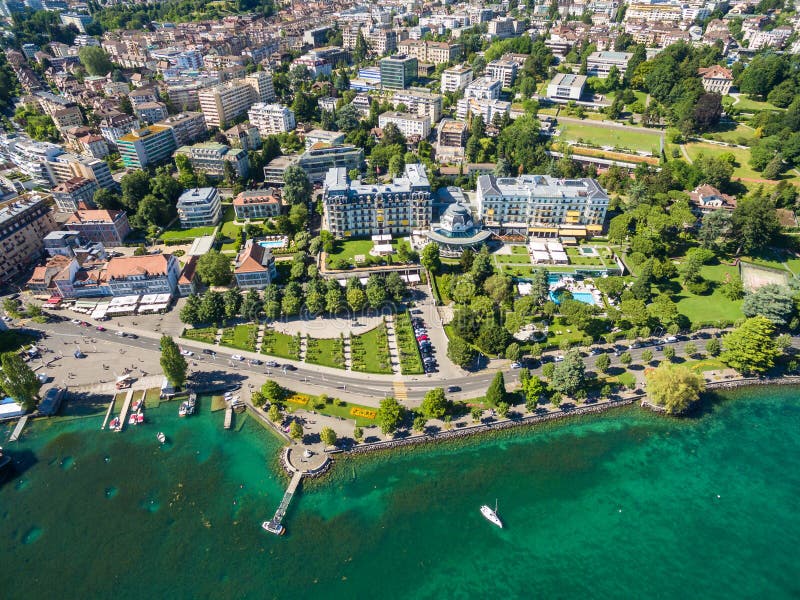 Aerial View of Ouchy Waterfront in Lausanne, Switzerland Stock Photo ...