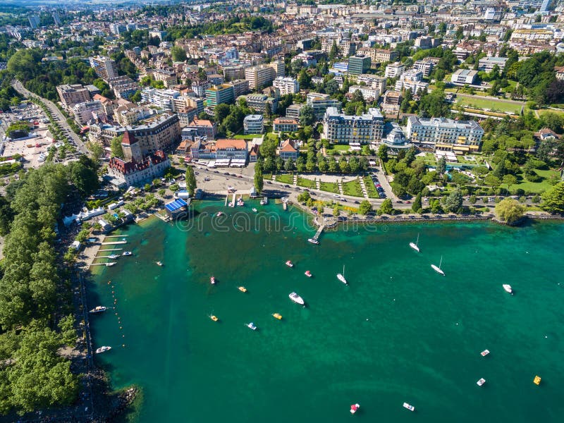 Aerial View of Ouchy Waterfront in Lausanne, Switzerland Stock Image ...