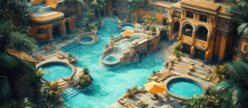 Aerial View of an Outdoor Resort Pool with Multiple Circular Pools, a ...