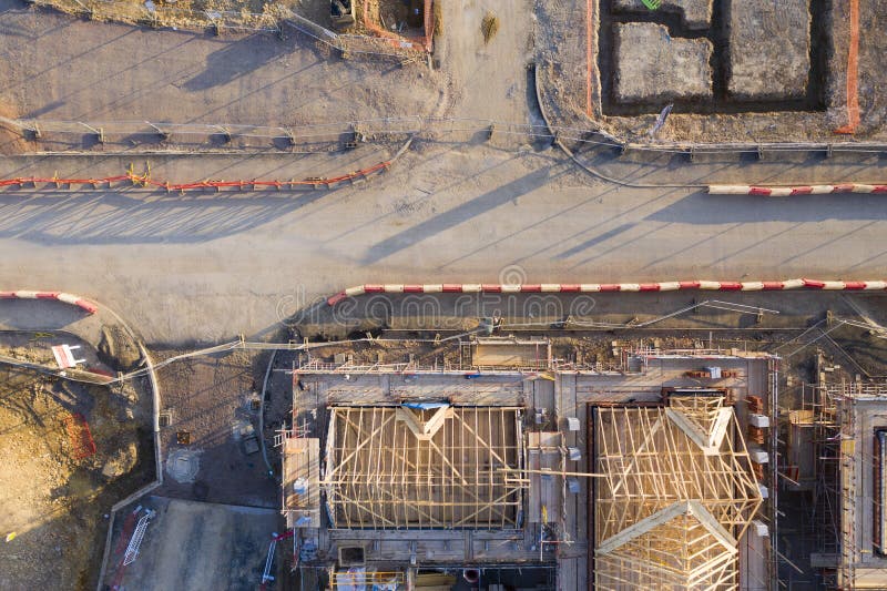 Aerial View Over a Construction Site of New Homes Being Built Stock ...
