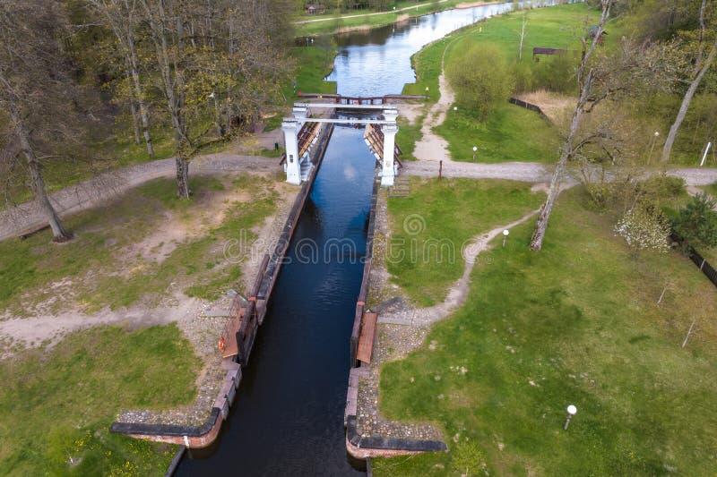Aerial View Over Dam Lock Sluice on Lake Impetuous Waterfall Stock ...