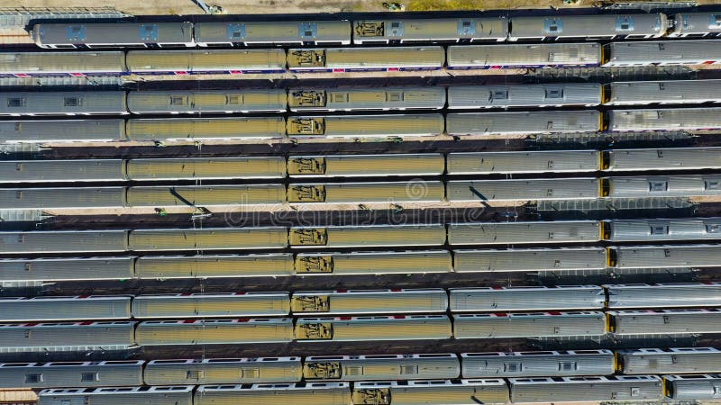 Aerial View Over Passenger Trains in Rows at a Station Stock Photo ...