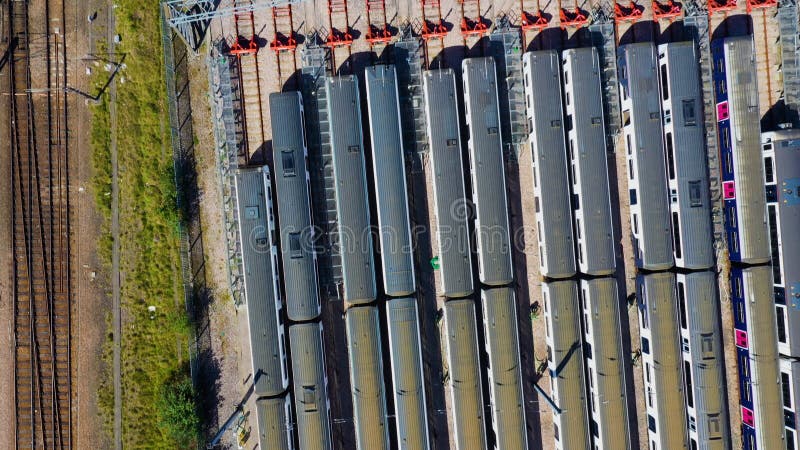 Aerial View Over Passenger Trains in Rows at a Station Stock Photo ...