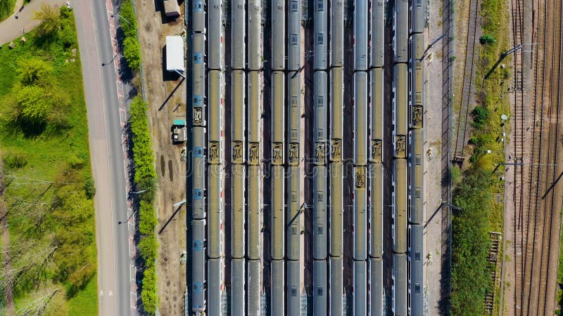 Aerial View Over Passenger Trains in Rows at a Station Stock Image ...