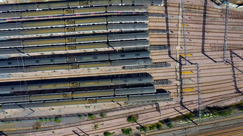 Aerial View Over Passenger Trains in Rows at a Station Stock Image ...