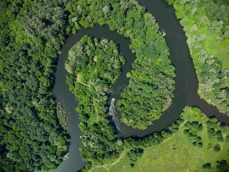 Aerial View Over the River Which is on the Green Forest Stock Image ...