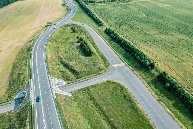Aerial View Over the Road Intersection among Farm Fields. Aerial View ...