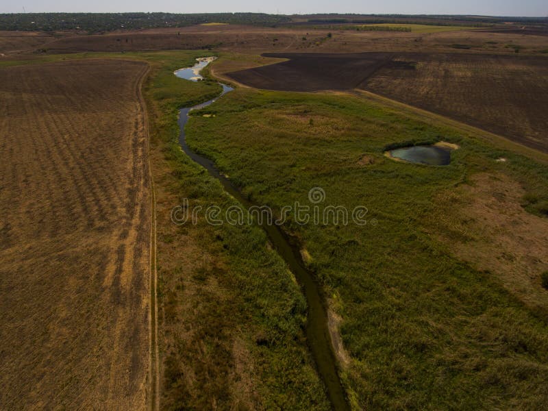 Aerial View Over the Small River and Fields. Stock Photo - Image of ...