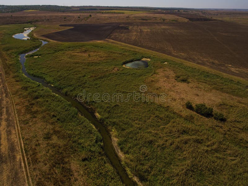 Aerial View Over the Small River and Fields. Stock Photo - Image of ...