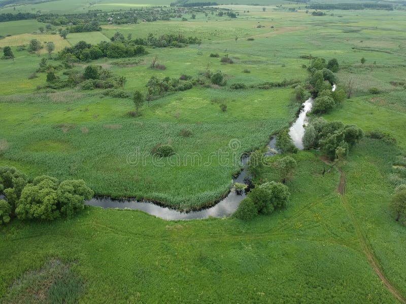 Aerial View Over the Small River Which is on the Green Meadow Stock ...